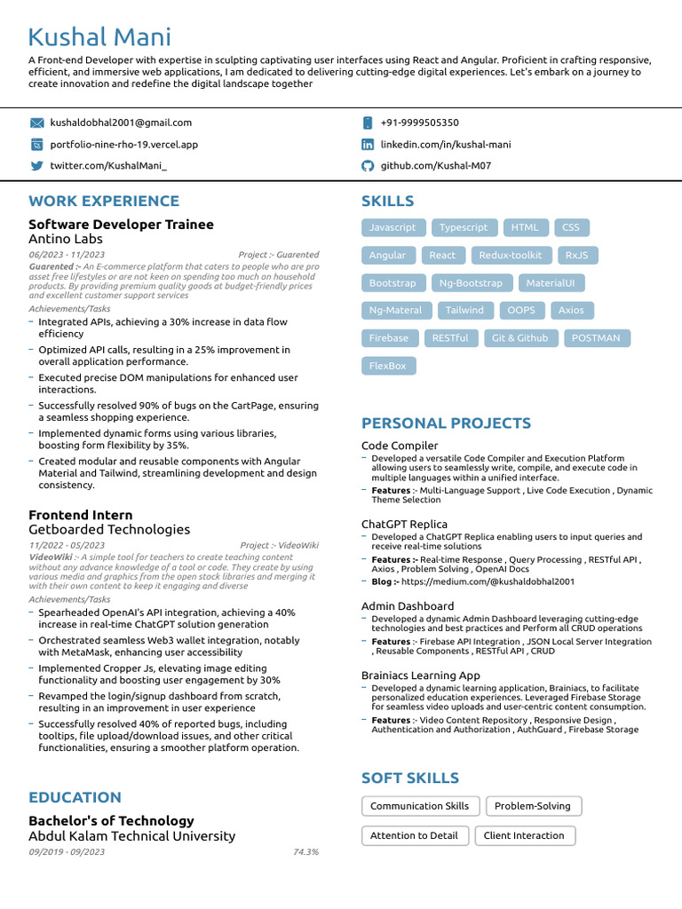 Kushal Mani - Resume | PDF | Compiler | Web Application