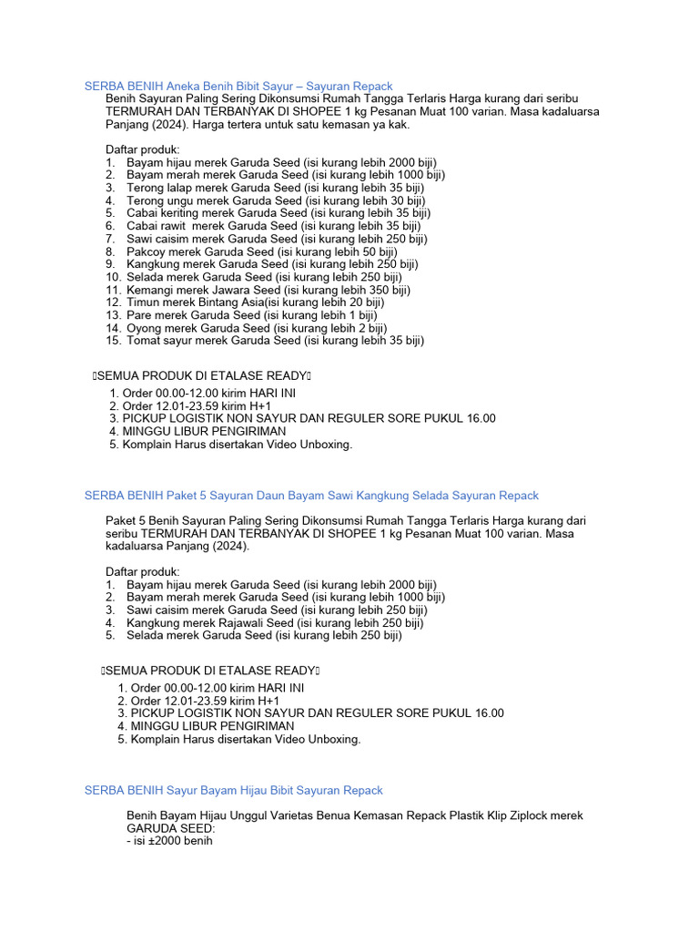 SERBA BENIH Aneka Benih Bibit Sayur | PDF | Home & Garden