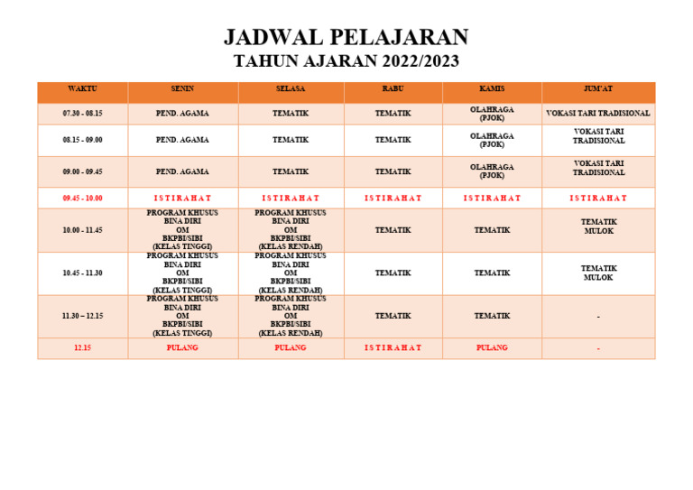 Jadwal Pelajaran SMA 2022/2023 | PDF