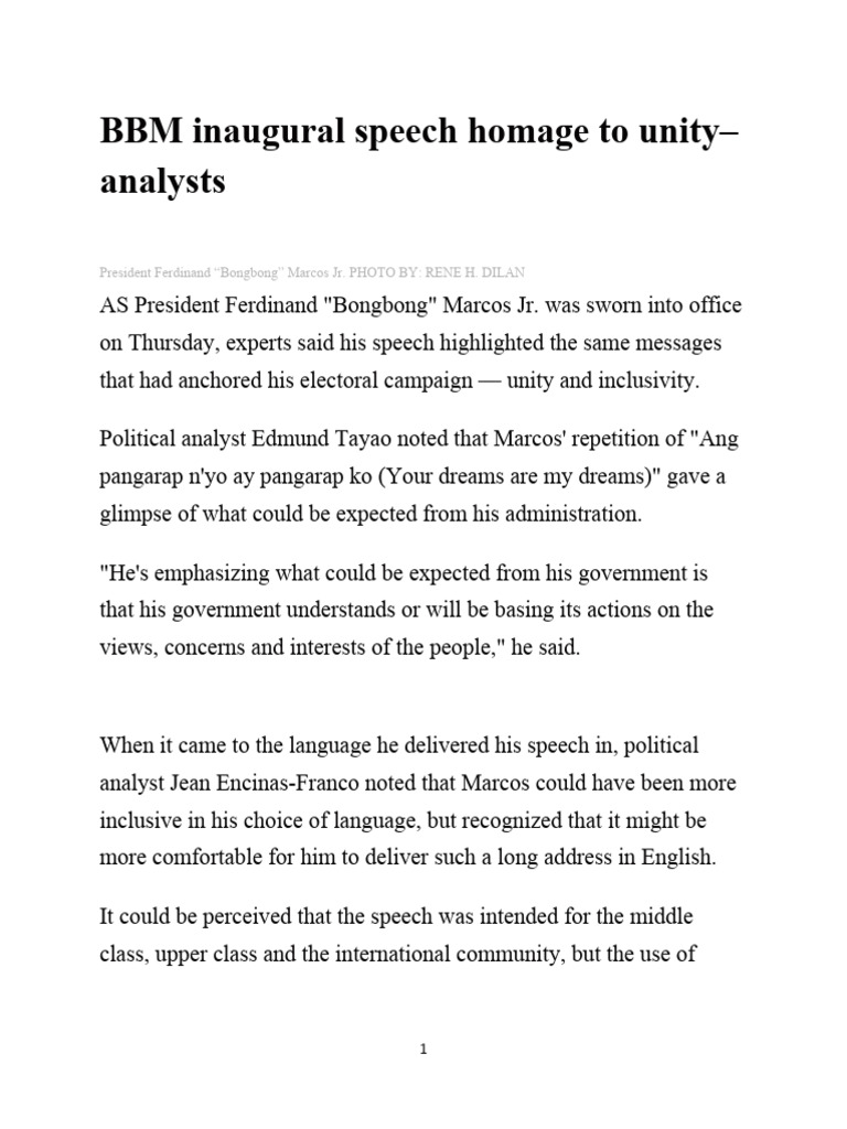 BBM Inaugural Speech Homage To Unity | PDF