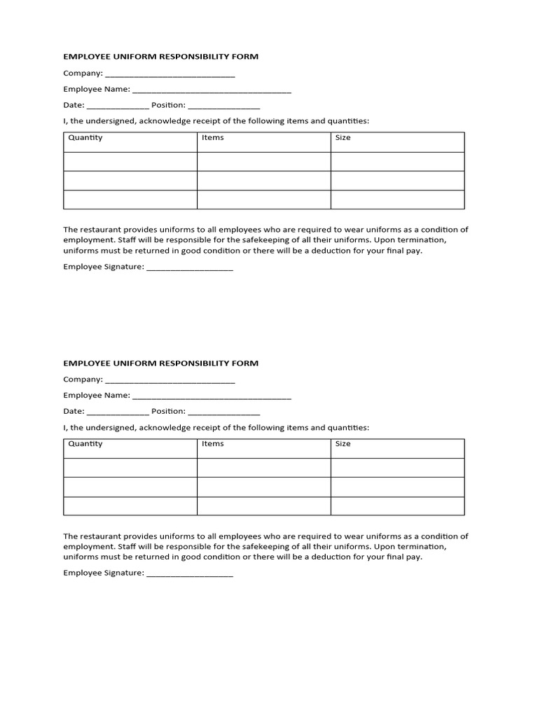 Employee Uniform Responsibility Form | PDF