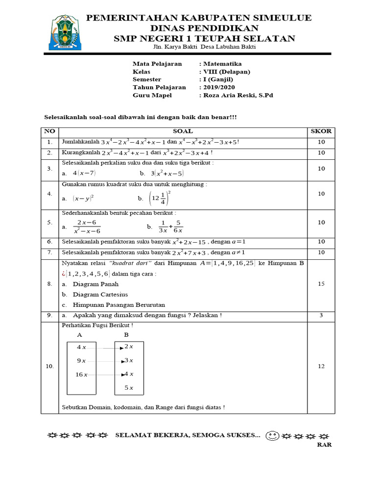 Soal MTK Viii Sem 1 2017 | PDF