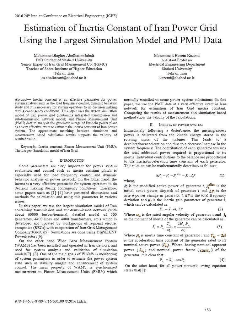 Estimation of Inertia Constant of Iran Power Grid | PDF | Electrical Grid | Electric Power