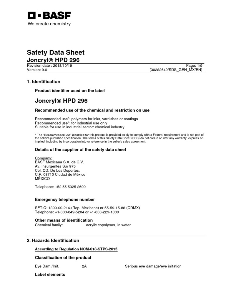 Joncryl HPD 296 Safety Data Sheet | PDF | Toxicity | Environmental Science