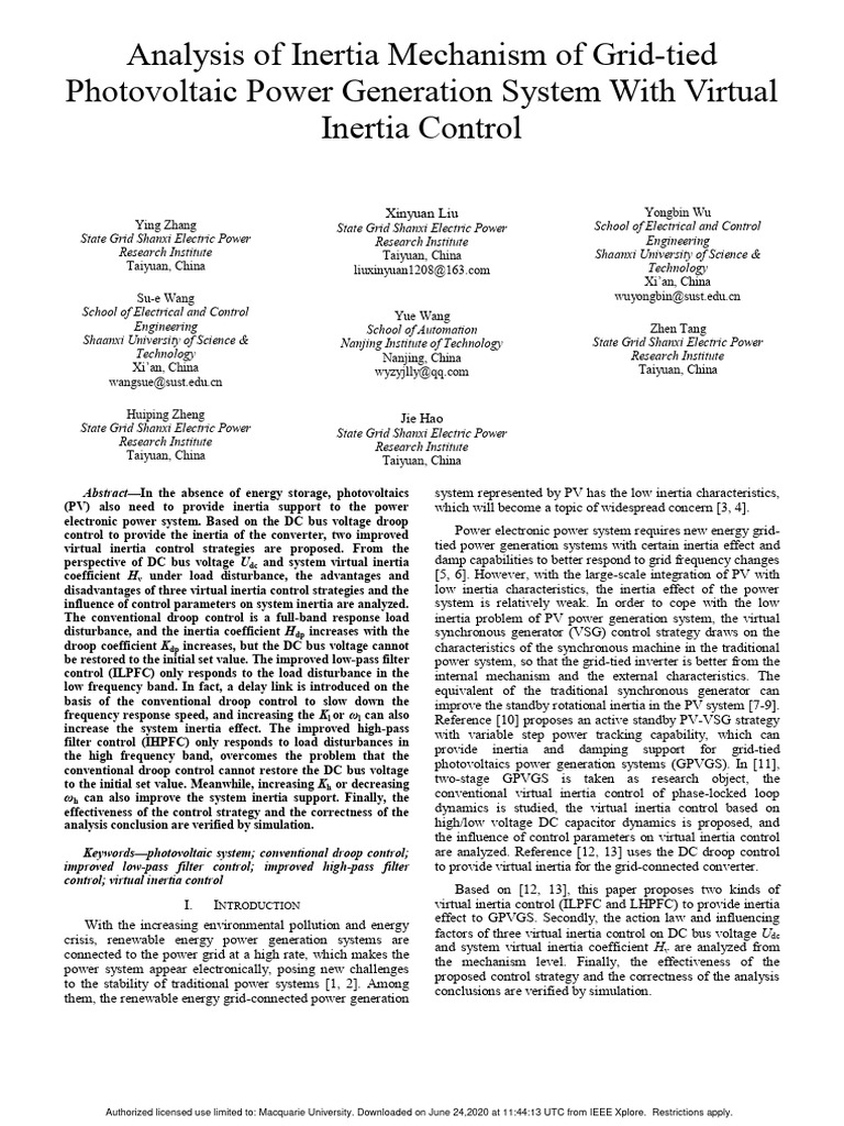 Analysis of Inertia Mechanism of Grid-Tied Photovoltaic Power ...