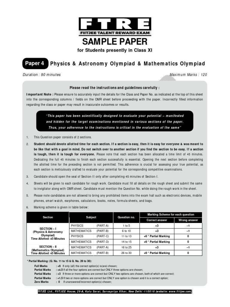 Ftre 2023 Sample Paper Class Xi p4 PM | PDF | Mass | Force