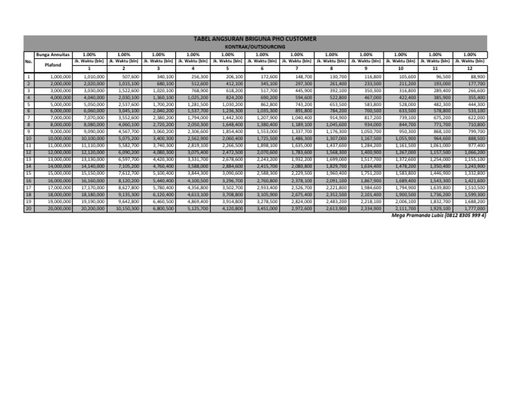 Tabel Angsuran Briguna PHO Customer | PDF
