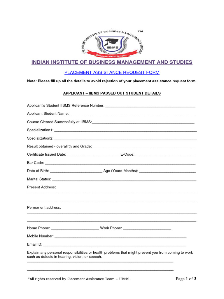 Placement Assistance Request Form | PDF