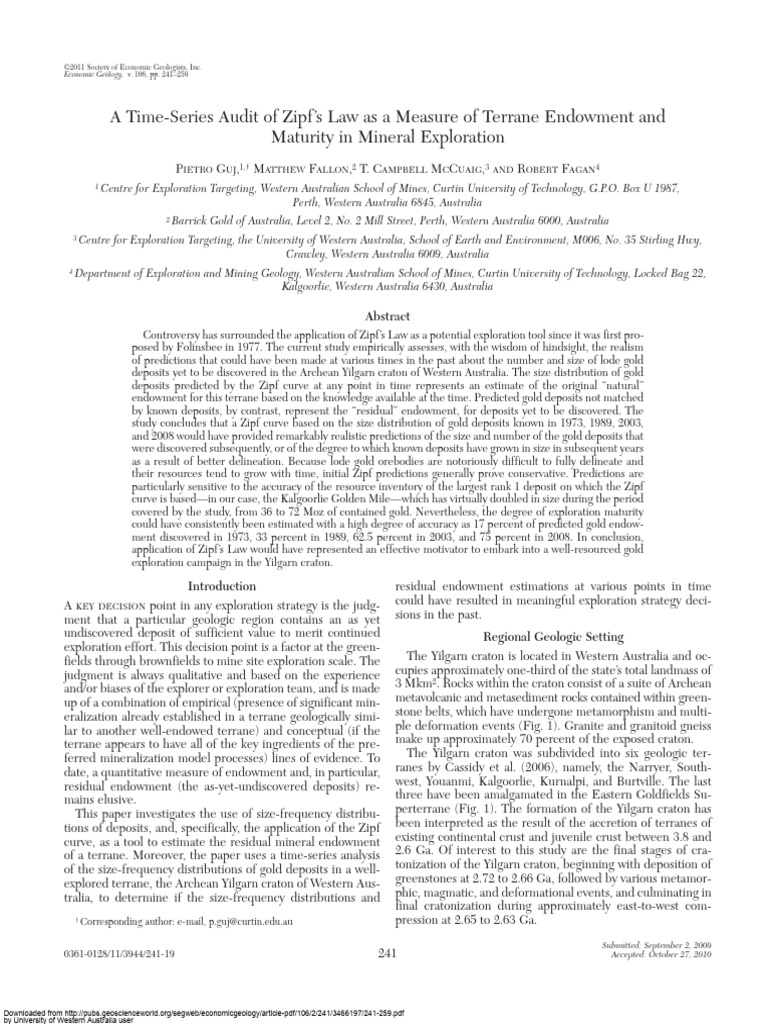 A Time-Series Audit of Zipf's Law As A Measure of Terrane Endowment and ...