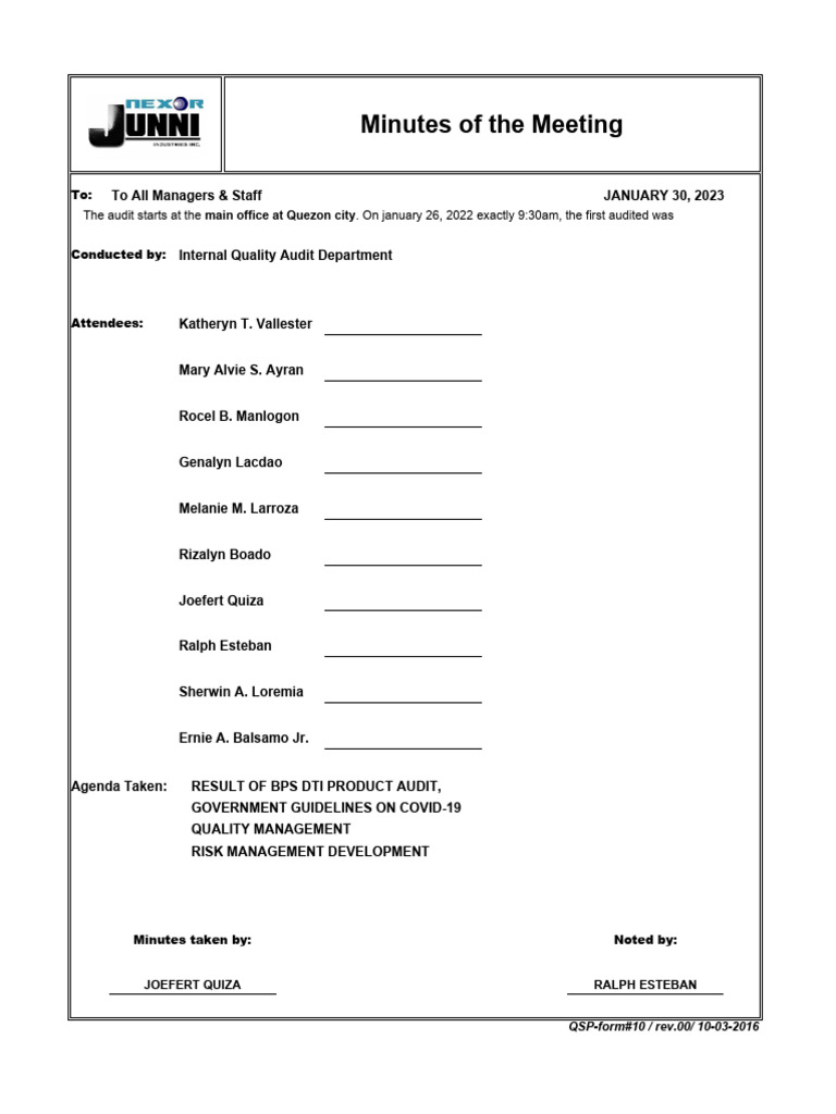 QSP Form 10 Minutes of The Meeting | PDF | Audit | Internal Audit