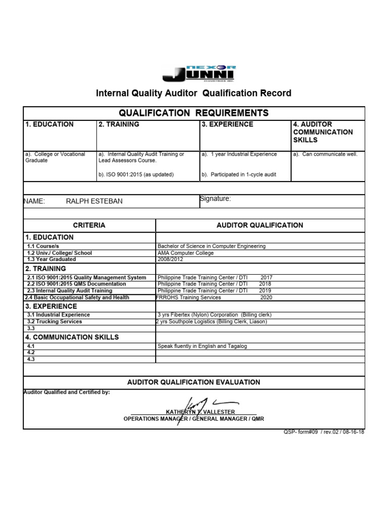 QSP-Form-09 - Internal Quality Auditor Qualification Record | PDF ...