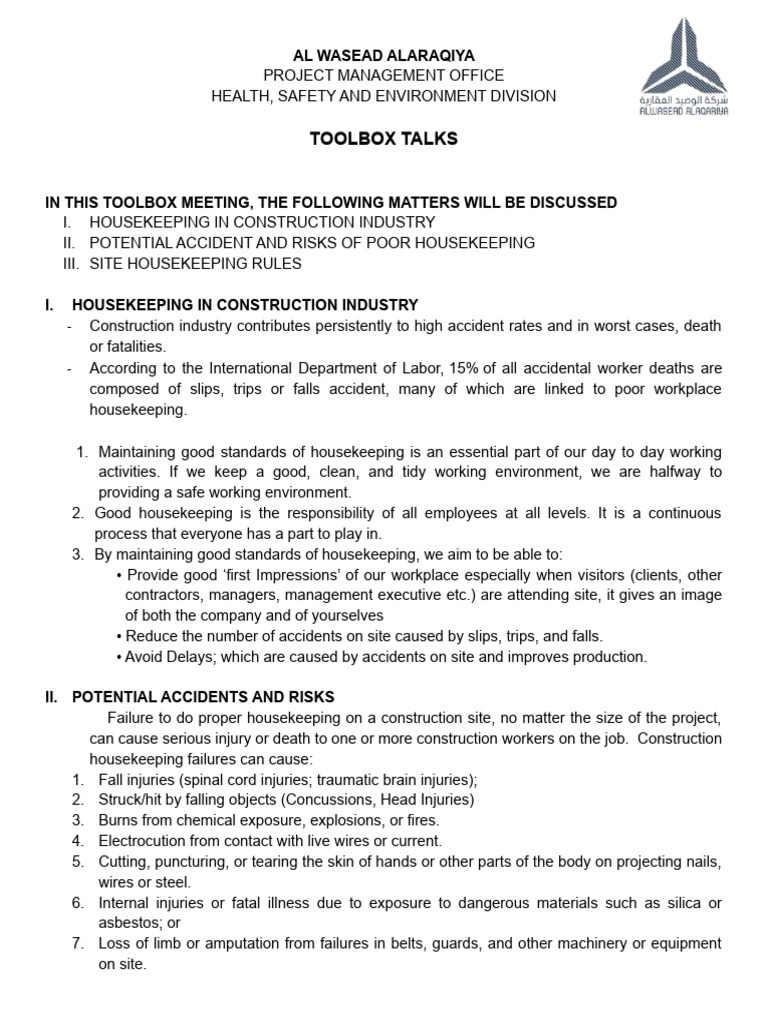 Housekeeping - Toolbox Talks | PDF | Housekeeping | Occupational Safety ...