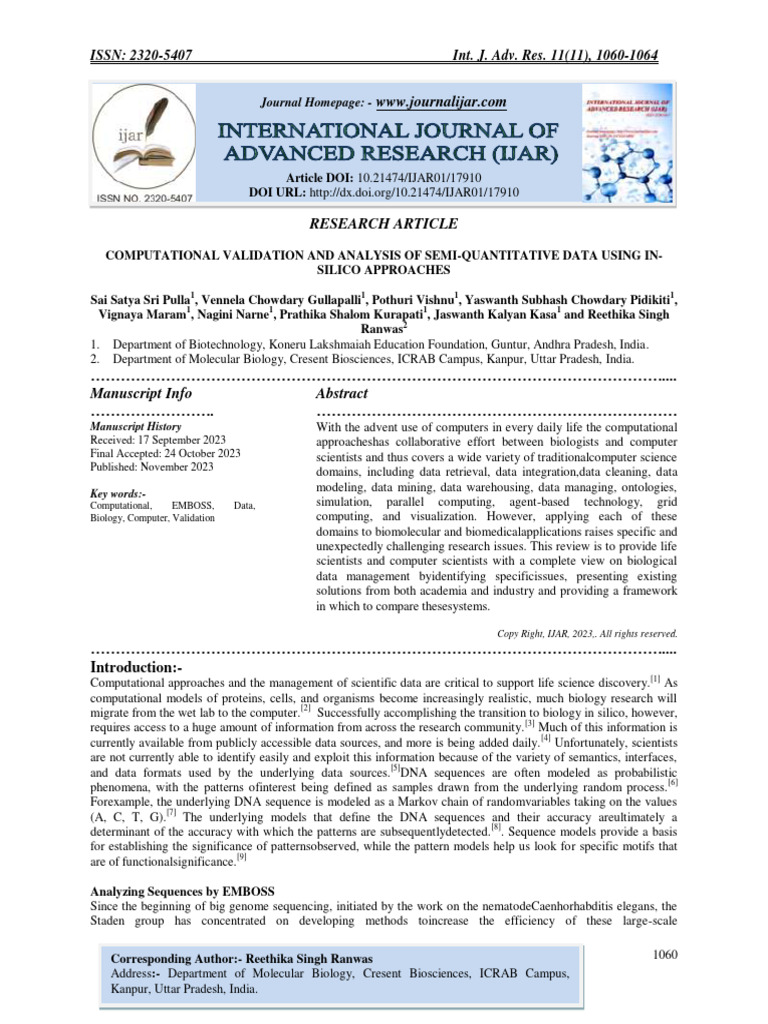 Computational Validation and Analysis of Semi-Quantitative Data Using In-Silico Approaches | PDF