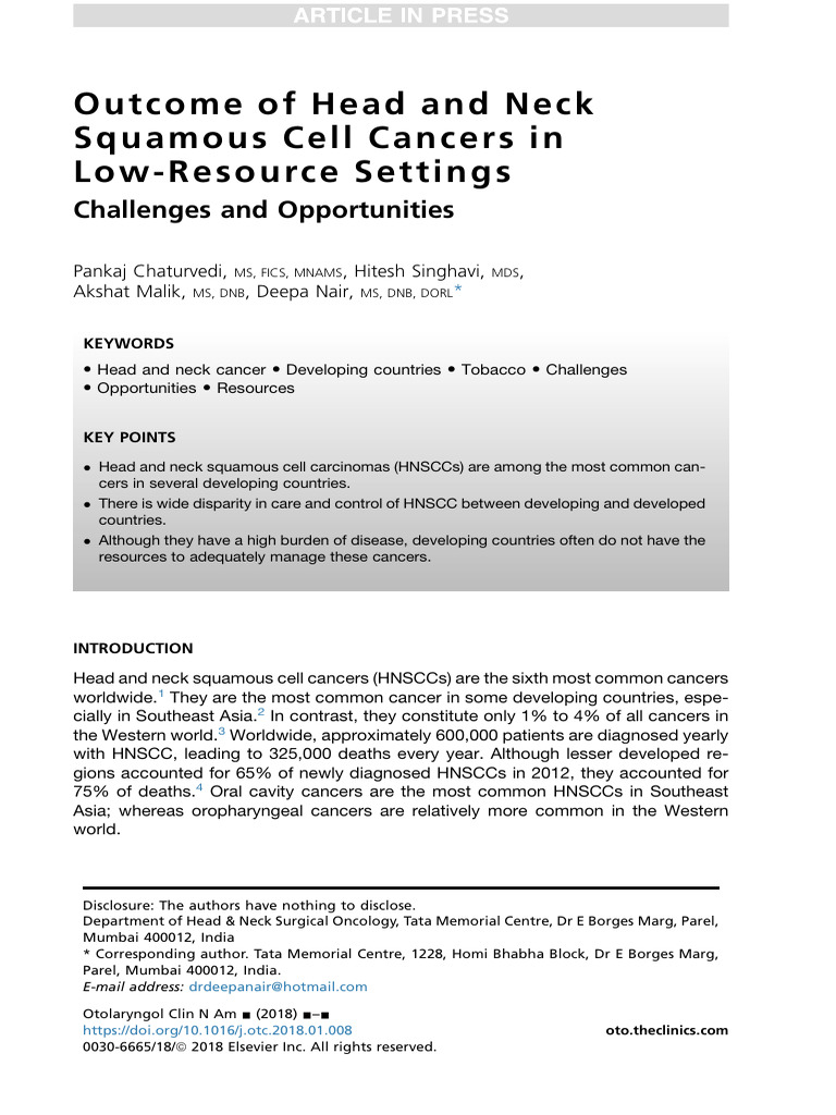 2018 - Outcome of SCC in Low Resource Setting | PDF | Head And Neck ...