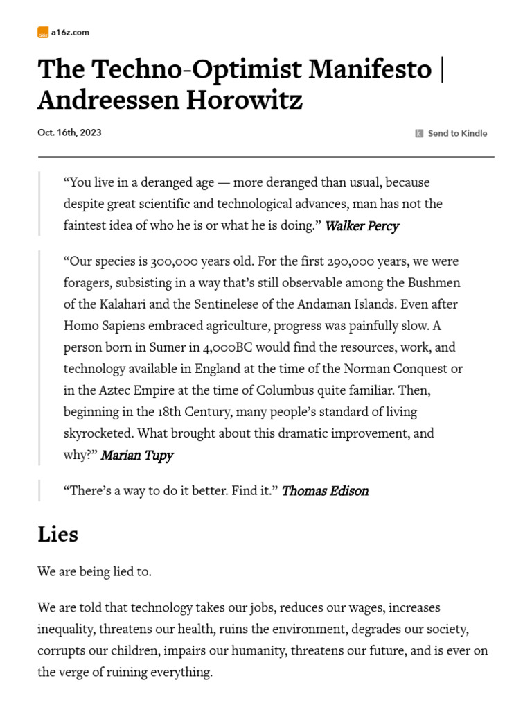 The Techno-Optimist Manifesto - Andreessen Horowitz | PDF