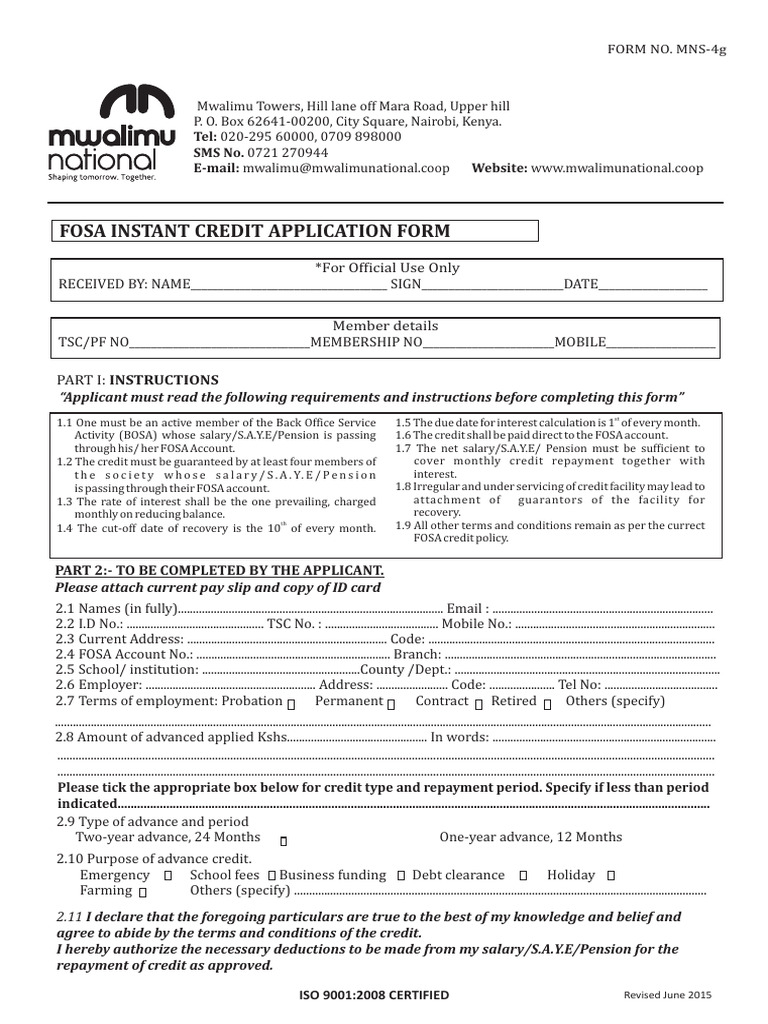 Mwalimu Sacco FOSA Loan Application Form | PDF