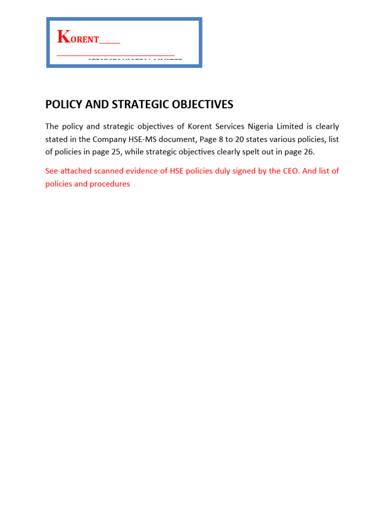 Korent Services HSE Policies & Objectives | PDF