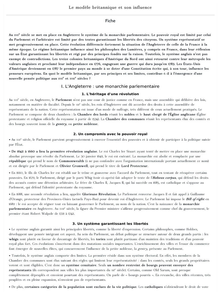 2nde Histoire Le Modele Britannique Et Son Influence | PDF 2nde Histoire Le Modele Britannique Et Son Influence | PDF