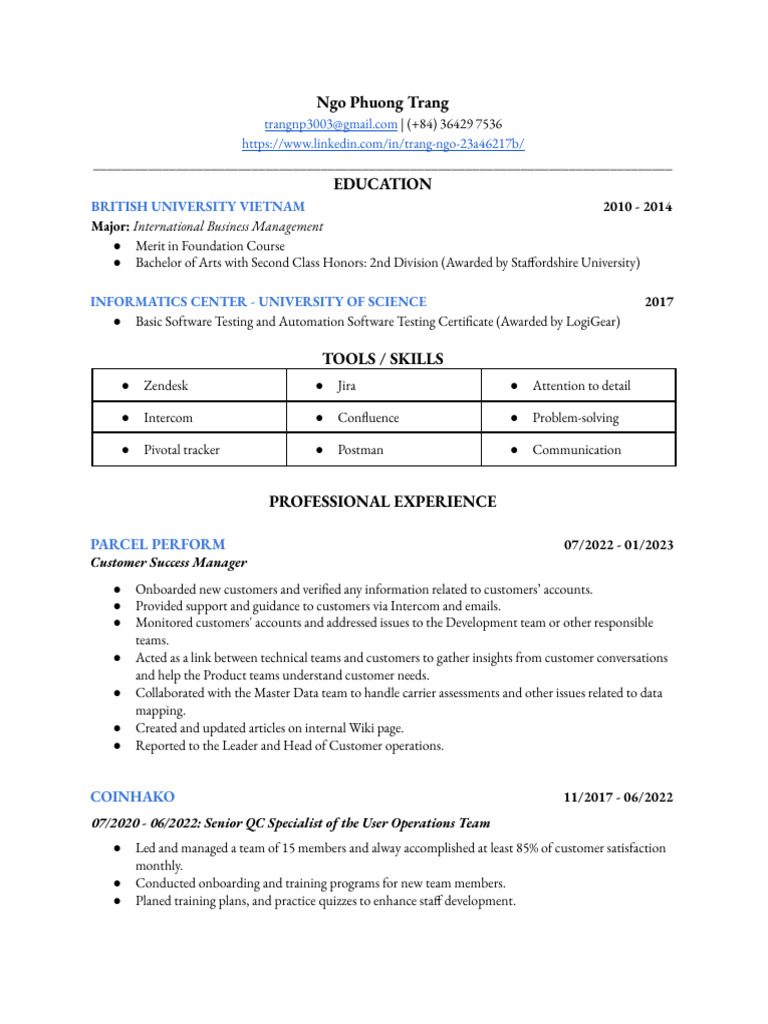 CV-Ngo Phuong Trang | PDF | Warehouse | Information Technology