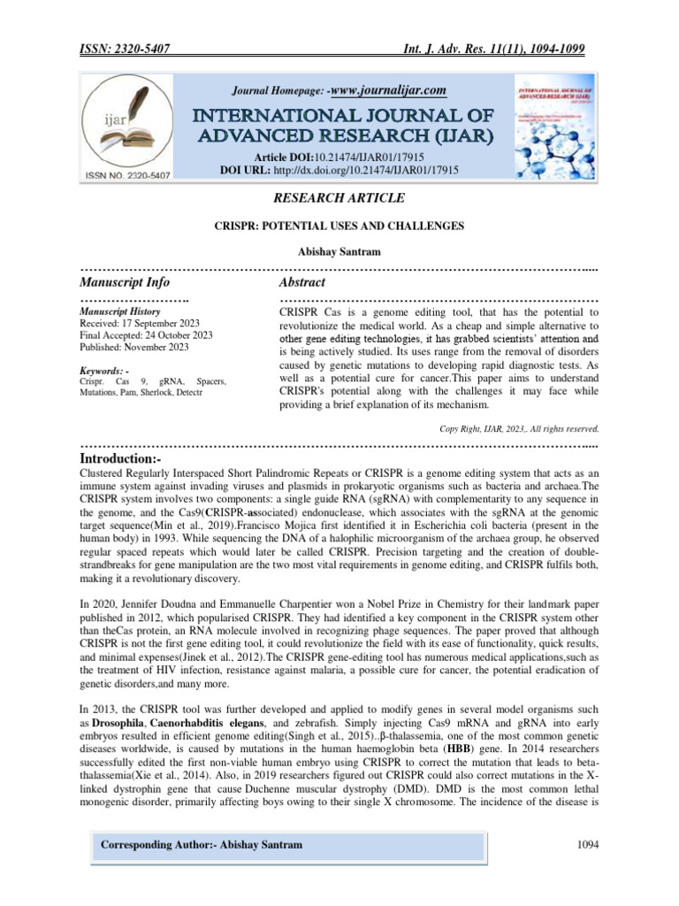Crispr: Potential Uses and Challenges | PDF | Crispr | Dna