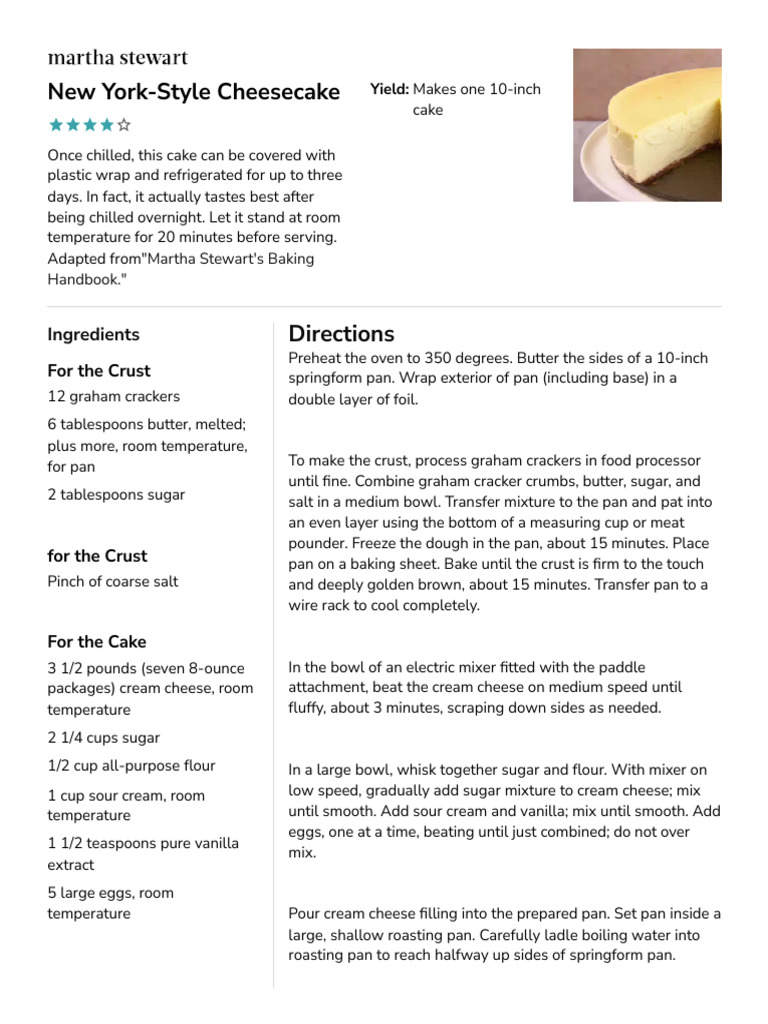 Simple New York-Style Cheesecake Recipe - Martha Stewart | PDF | Cakes ...