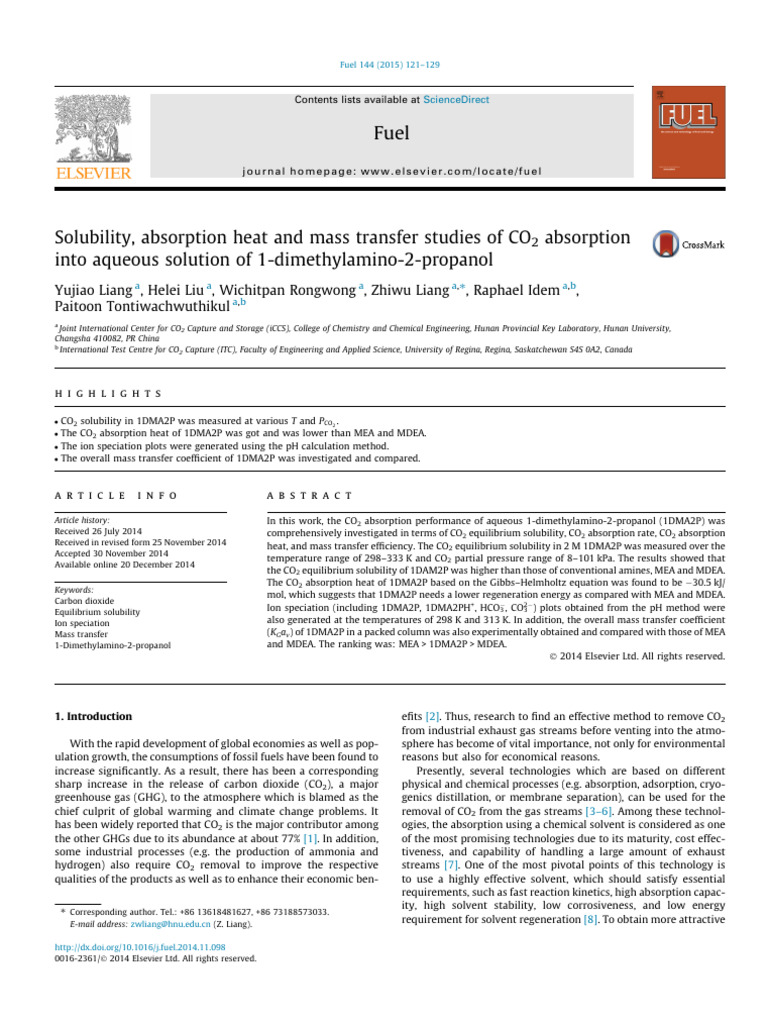 Solubility, Absorption Heat and Mass Transfer Studies of CO2 Absorption Into Aqueous Solution of ...