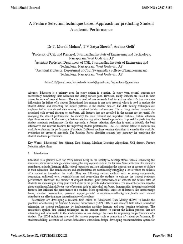 A Feature Selection Technique Based Approach For Predicting Student 2021 | Download Free PDF ...