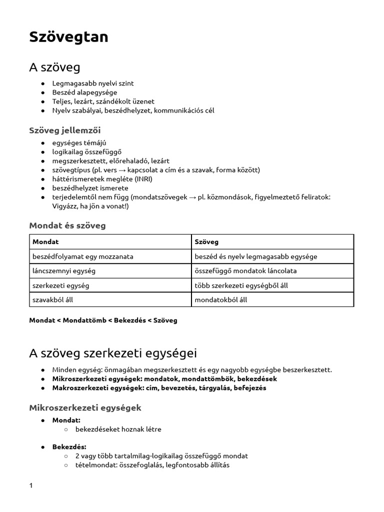 Nyelvtan Szövegtan | PDF