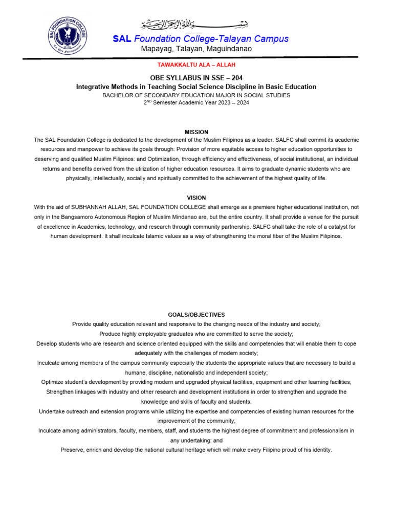 Sse 204 - Integrative Methods in Teaching Social Science Discipline in ... Sse 204 - Integrative Methods in Teaching Social Science Discipline in ...