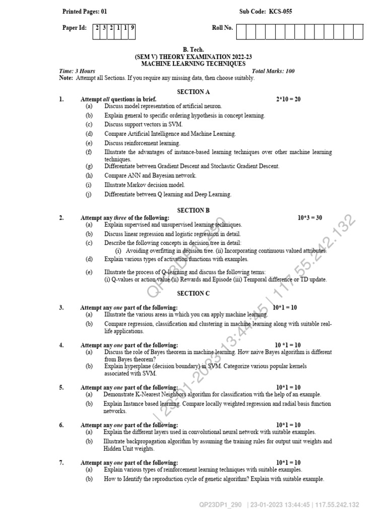 Btech Cs 5 Sem Machine Learning Techniques Kcs055 2023 | PDF | Machine ...