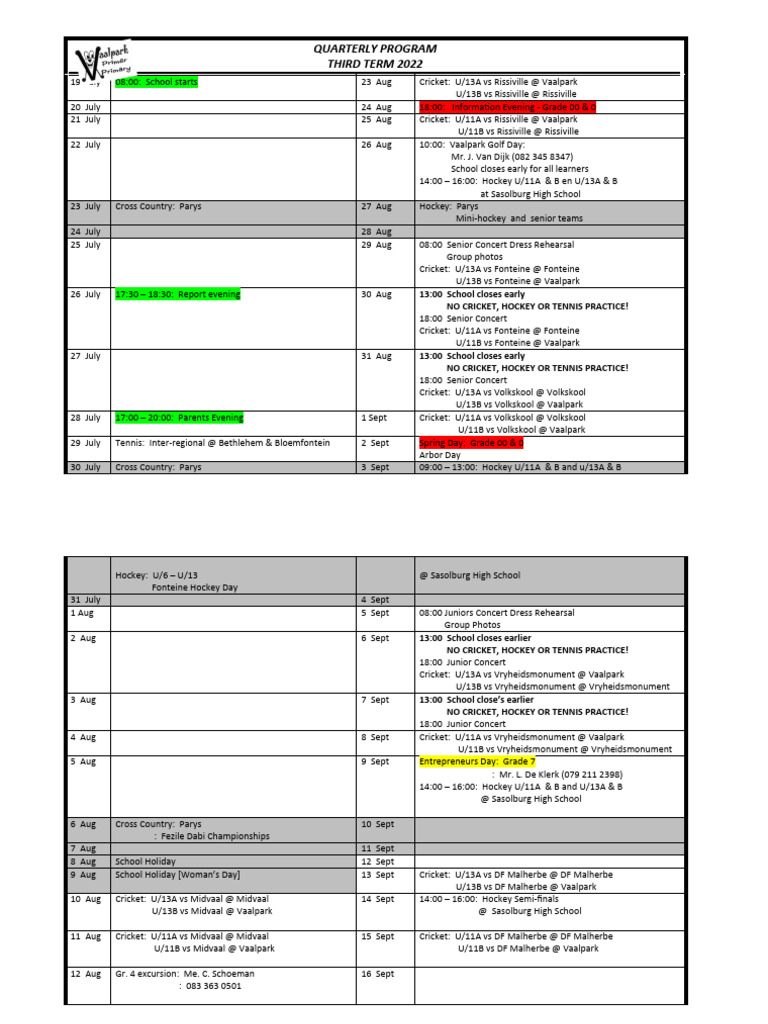 School Term Programme 3 of 2022 | PDF | Team Sports | Athletic Sports