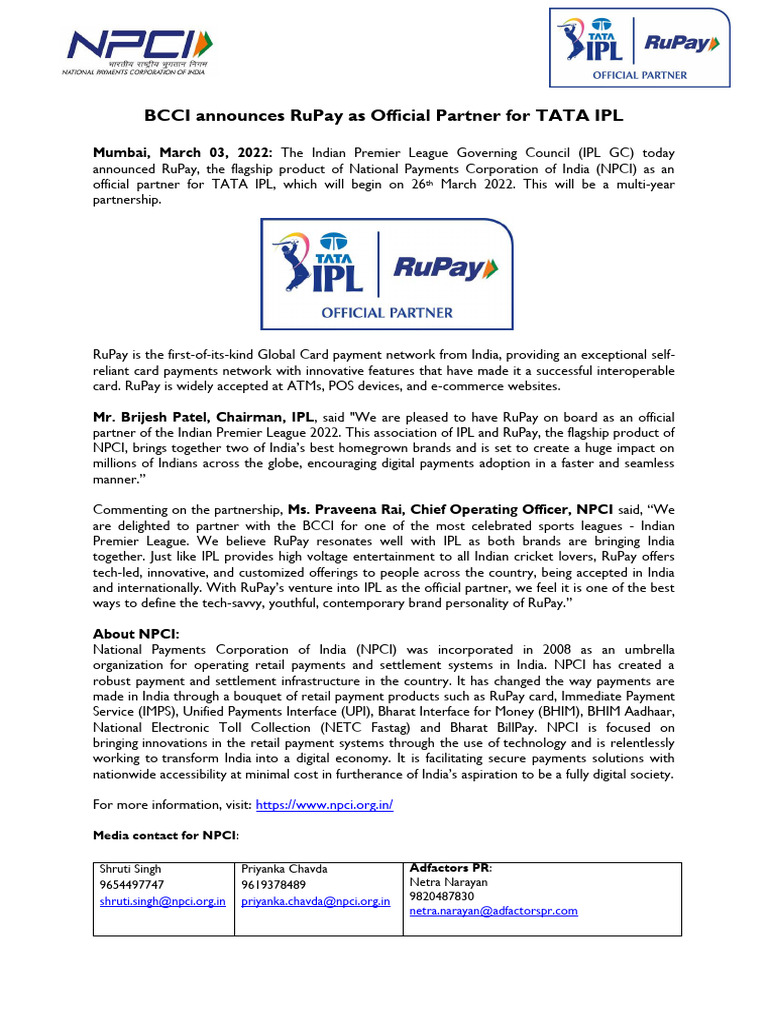 NPCI Press Release BCCI Announces RuPay As Official Partner For IPL | PDF | Money | Economy Of India