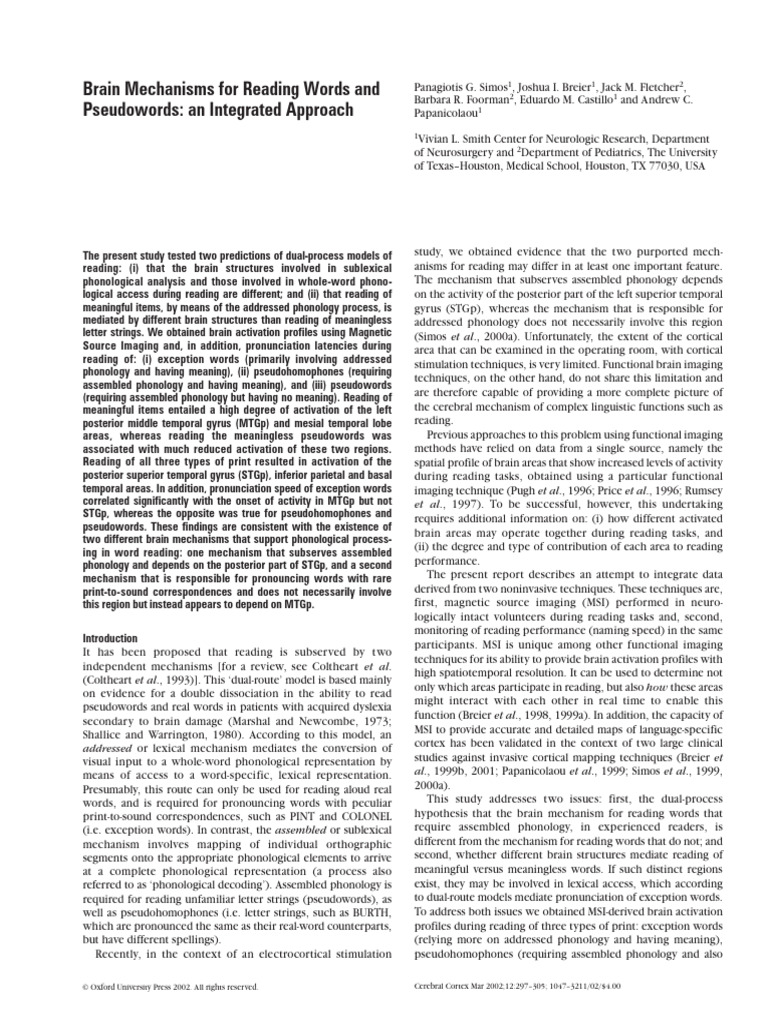 Brain Mechanisms For Reading Words and | PDF