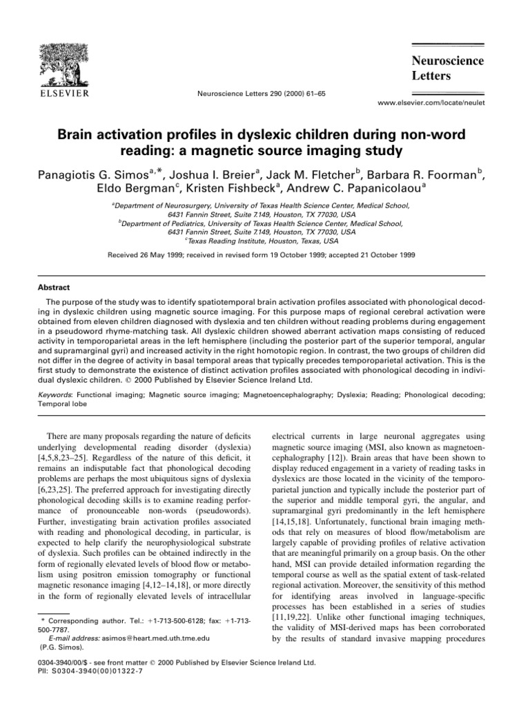 Simos - Brain Activation Pro®les in Dyslexic Children During Non-Word ... Simos - Brain Activation Pro®les in Dyslexic Children During Non-Word ...