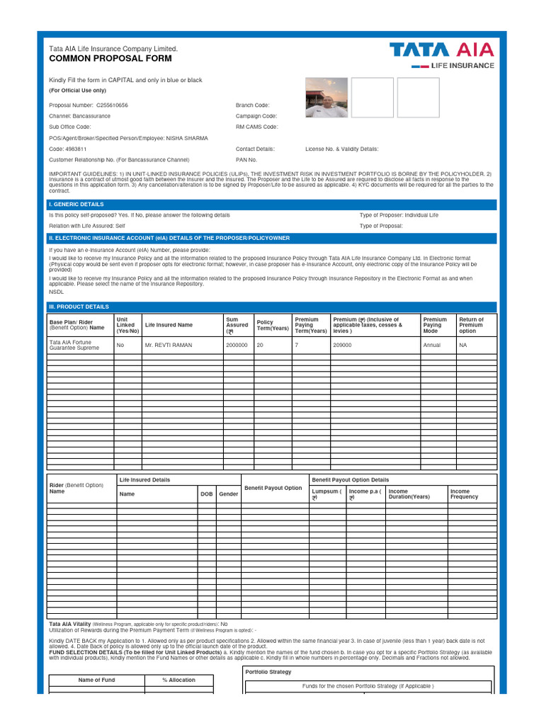 Common Proposal Form: Tata AIA Life Insurance Company Limited | PDF