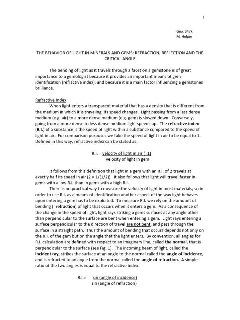 Refraction of Light in Gems and Minerals | PDF | Refraction | Gemstone