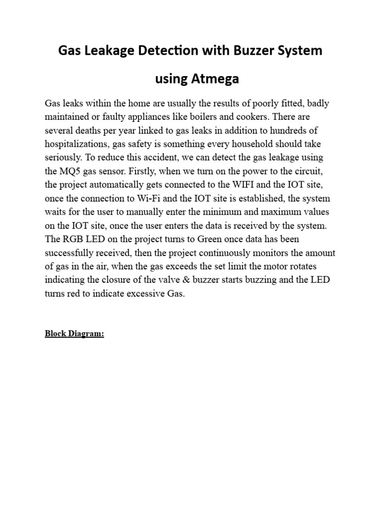 Gas Leakage Detection With Buzzer System Using Atmega: Block Diagram | PDF