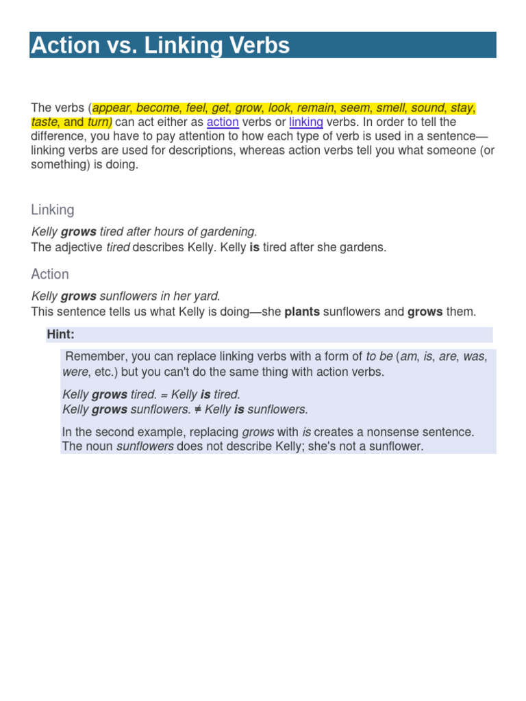 Action vs. Linking Verbs | PDF