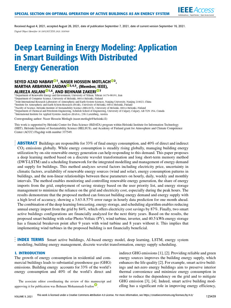 Deep Learning In Energy Modeling Application In Smart Buildings With Distributed Energy