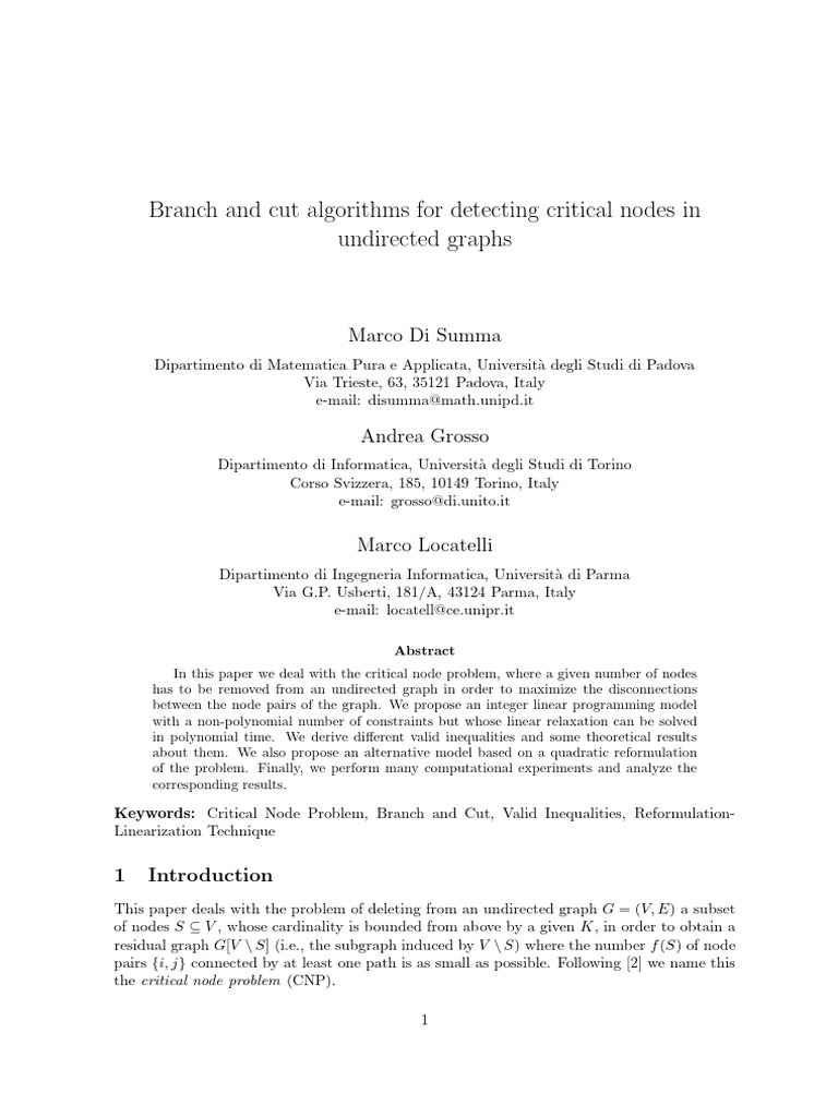 Branch and Cut Algorithms For Detecting Critical Nodes in Undirected Graphs | PDF
