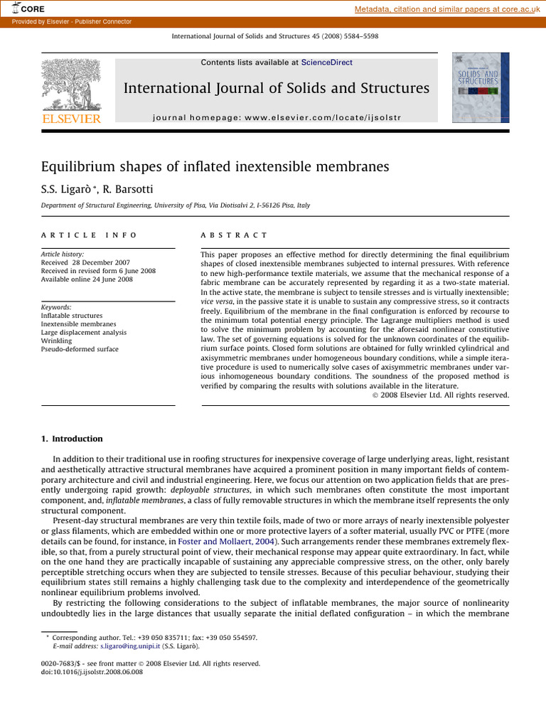 Equilibrium Shapes of Inflated Inextensible Membranes | PDF