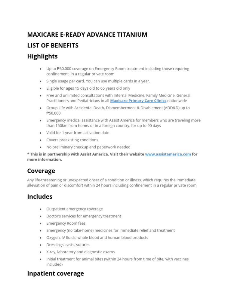 Maxicare Eready Titanium Benefits 1 | PDF | Medicine | Emergency Department