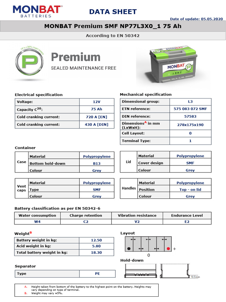 Monbat SMF NP77L3X0 Battery Specs | PDF | Physical Quantities ...