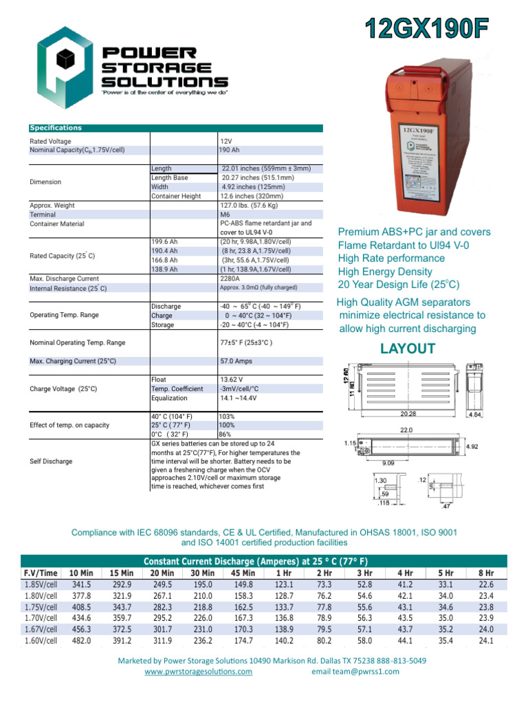 Premium 12V AGM Battery Specifications | PDF | Electric Power ...