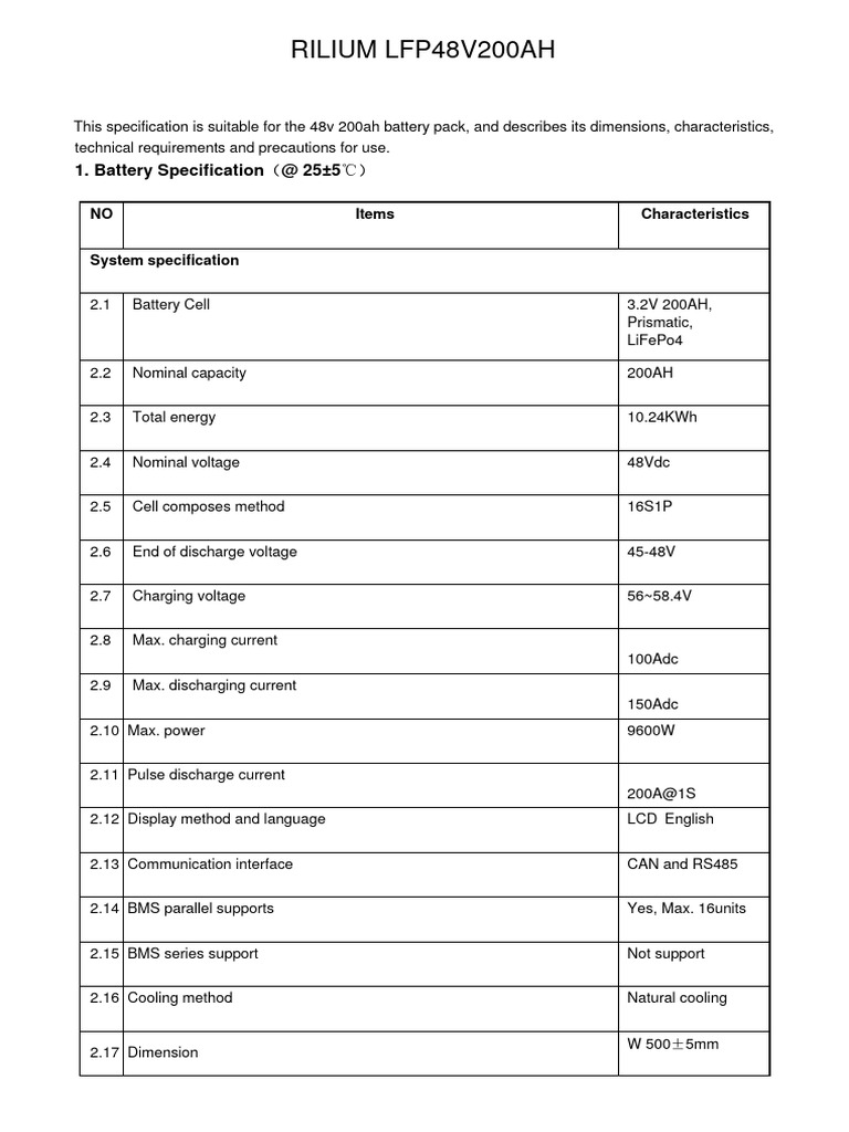 Rilium 48V 200Ah Battery Specifications | PDF | Electrical Resistance ...