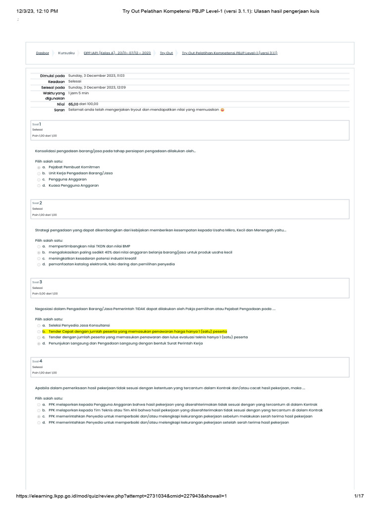 Try Out Pelatihan Kompetensi PBJP Level-1 (Versi 3.1.1) - Ulasan Hasil ...
