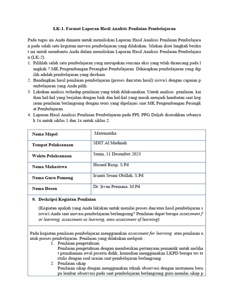 Format Hasil Asesmen Pembelajaran Husnul | PDF