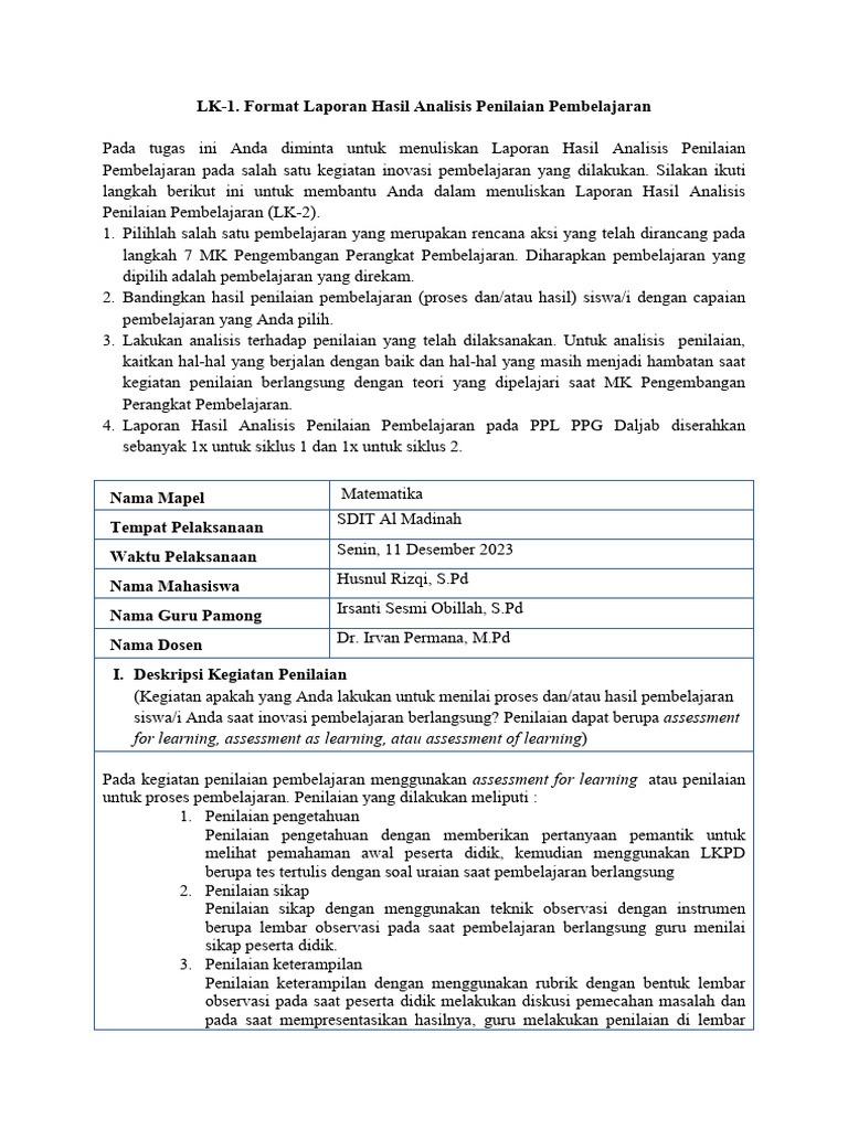 Format Hasil Asesmen Pembelajaran Husnul | PDF | Bisnis