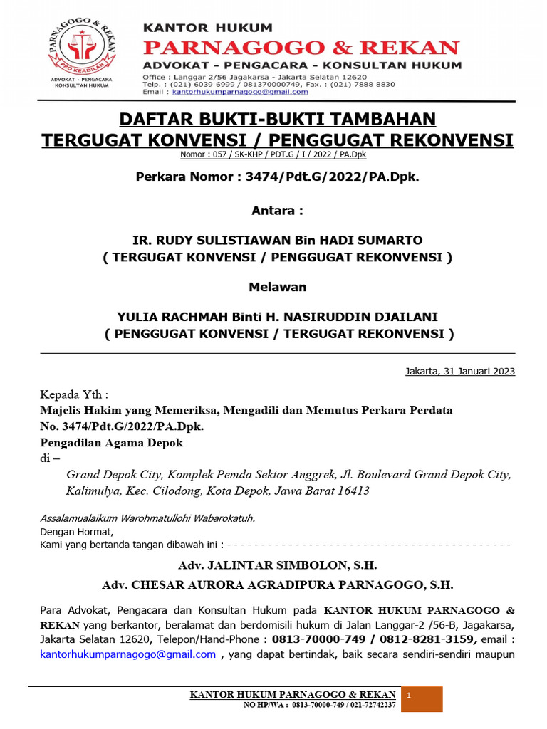 DAFTAR BUKTI TAMBAHAN TERGUGAT KONVENSI PENGGUGAT REKONVENSI Ir. RUDY ...