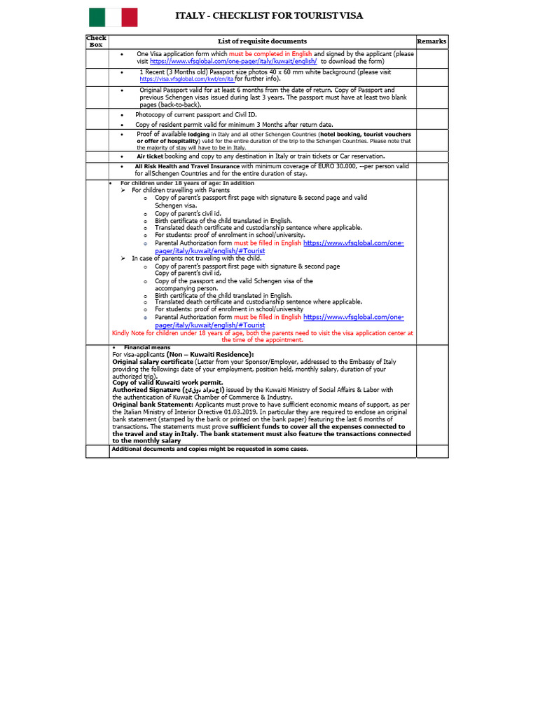 Italy Tourist Checklist | PDF | Travel Visa | Passport